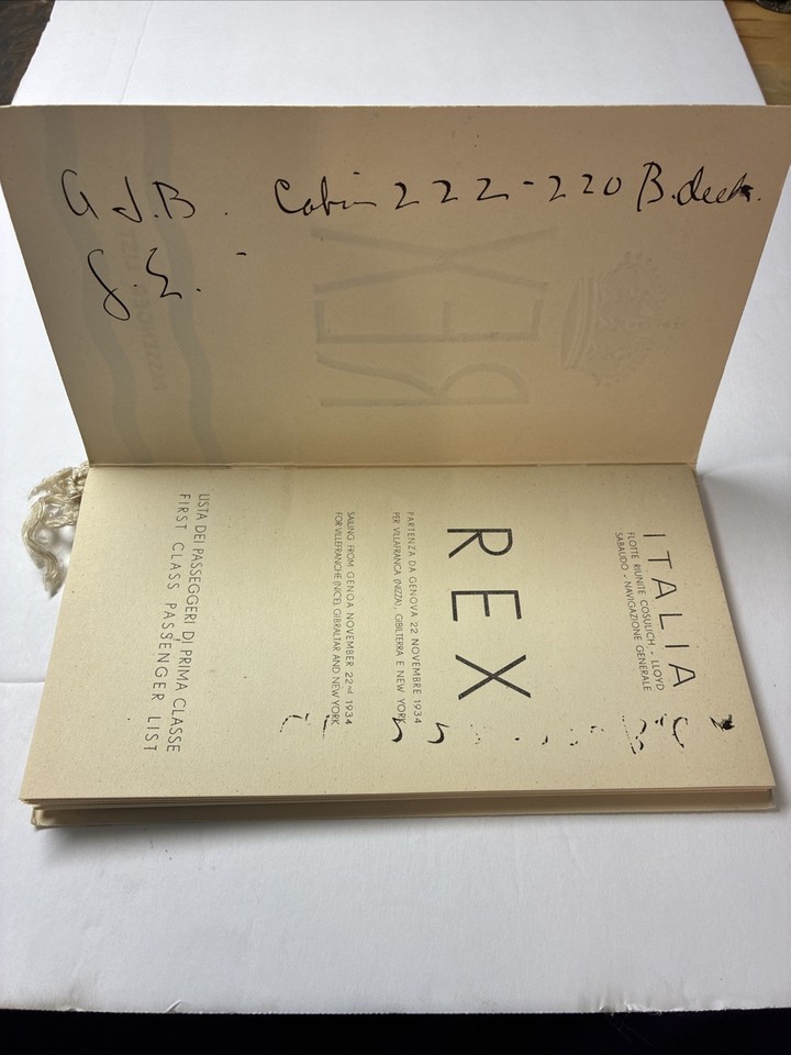 Rex Passenger List November 22, 1934 Cruise Ship Ephemera Italy, New ...