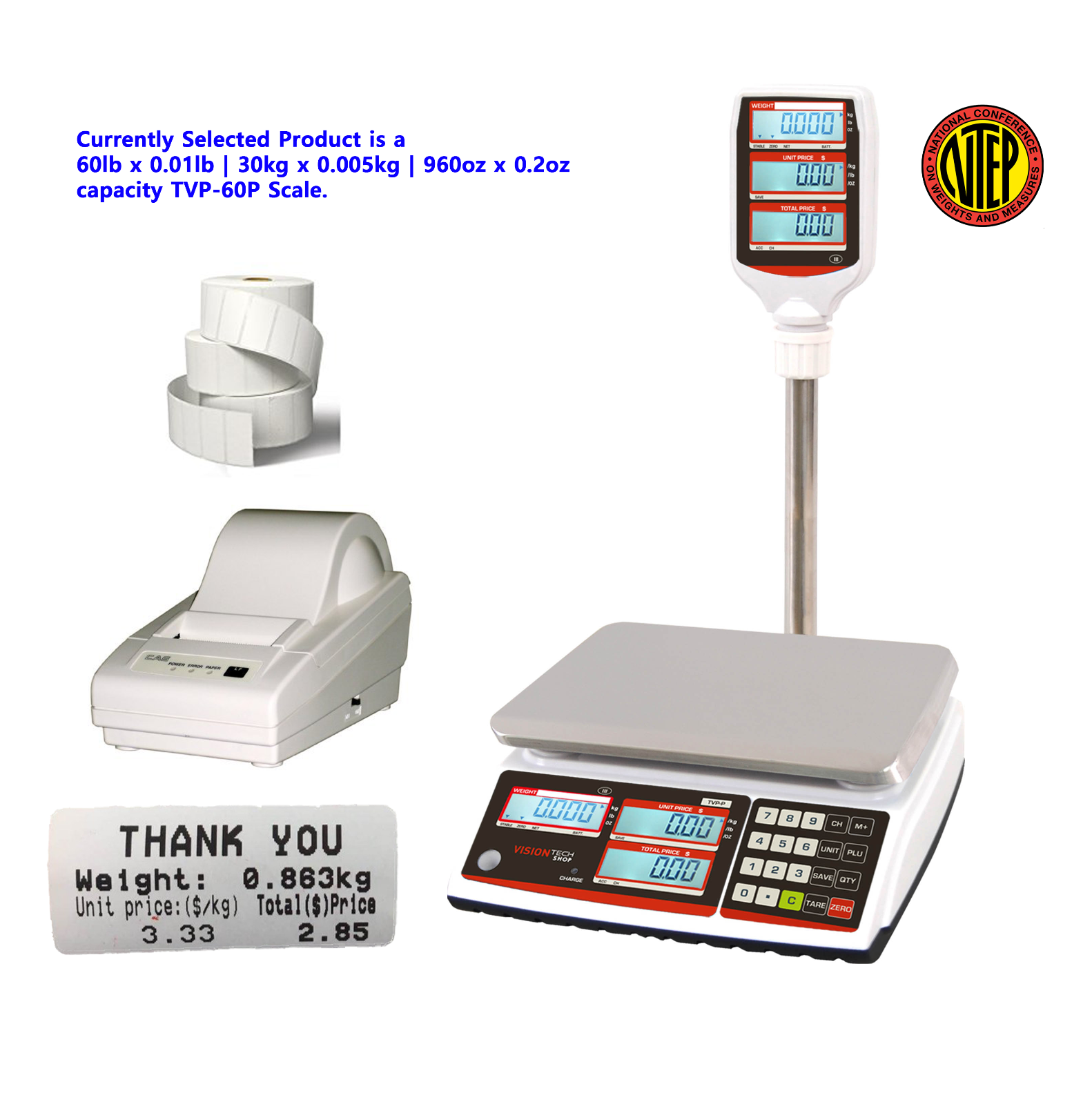 VisionTechShop TVP-60P Pole Scale, 60lb x 0.01lb, DLP-50 Printer, Label ...