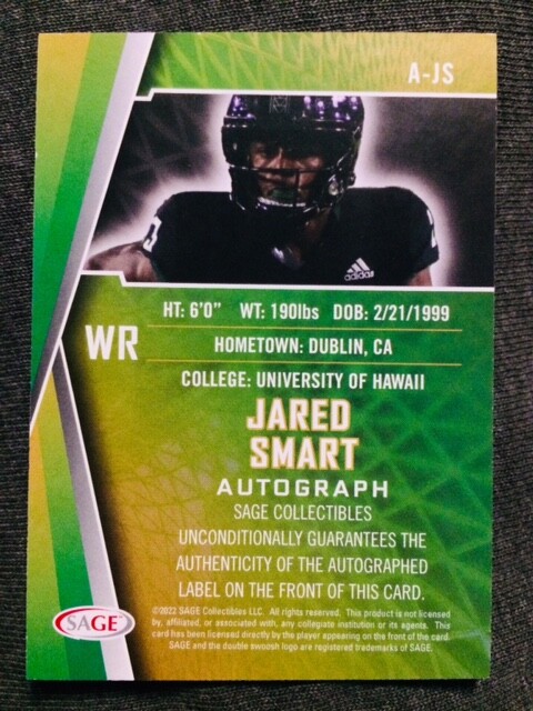 2022 Sage Hit Jared Smart Rookie RC Auto Autograph Black Card | eBay