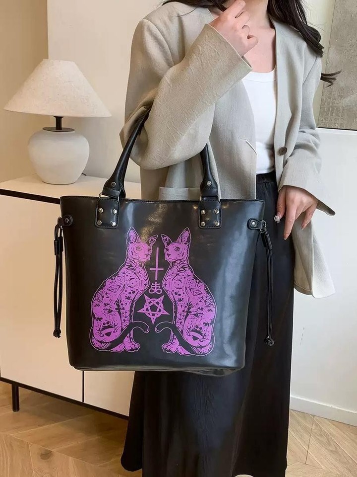 European Purple Dark Gothic Punk Cat Tote Large Bag shoulder bag | eBay
