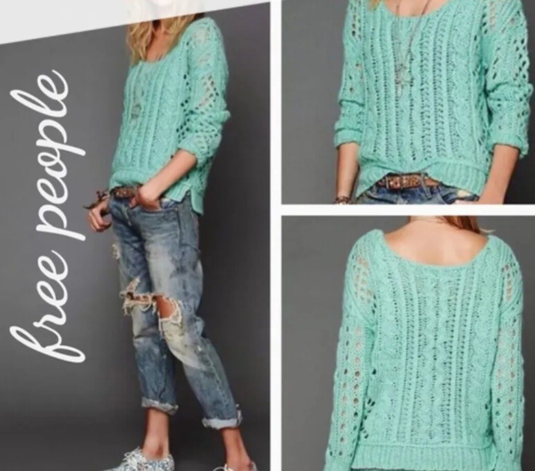 Free People Green Fluff Pullover Sweater Small Oversized Knit Boho ...