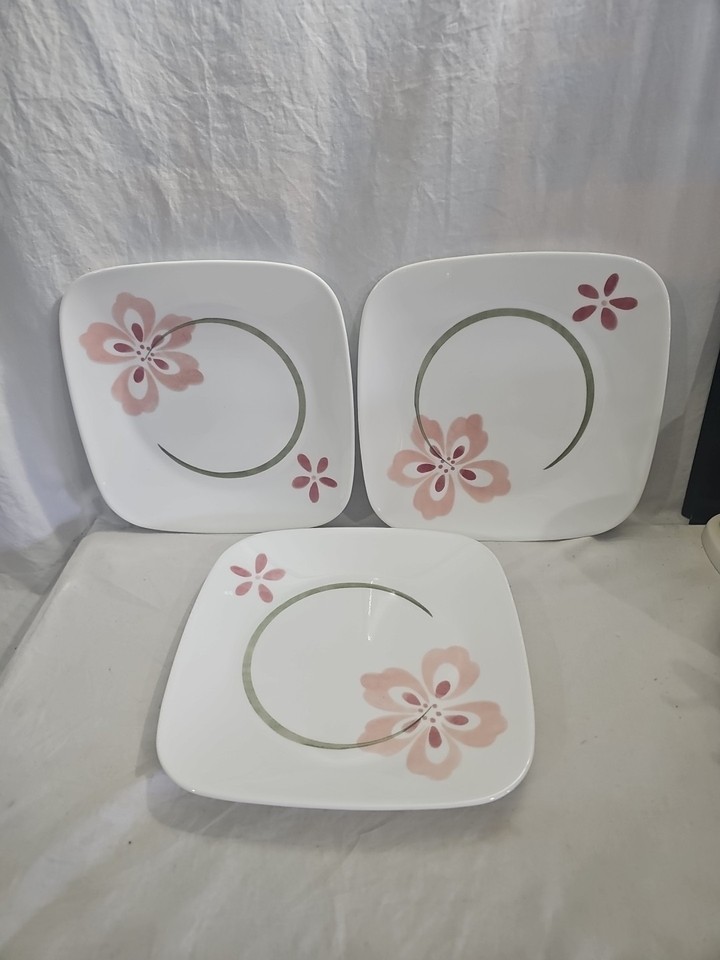 CORELLE BY CORNING 3 PRETTY PINK 9" SQUARE LUNCHEON PLATES PINK FLORAL ...