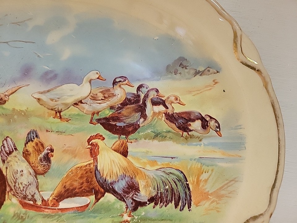 Vintage Dresden China Platter Turkey Chickens Ducks | eBay