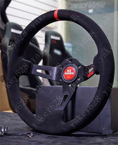 MOMO Suede Leather Deep Dish Racing Red horn Steering Wheel Black Red ...