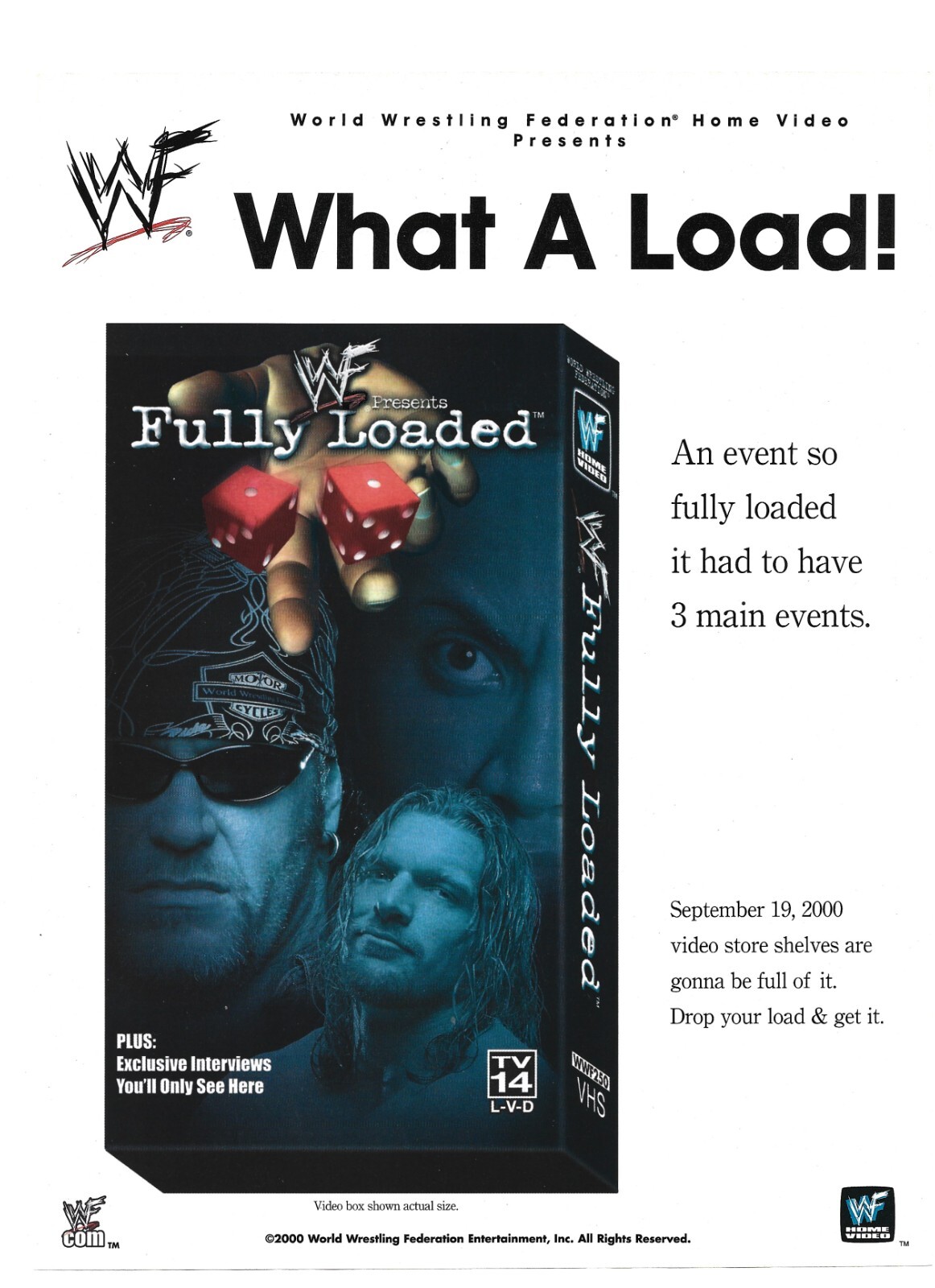 WWF WWE FULLY LOADED print ad (2000) "What a Load!" feat The Rock, HHH ...
