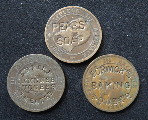 3 Victorian British Advertising Tokens (Stamped Napoleon III 10c Pieces ...