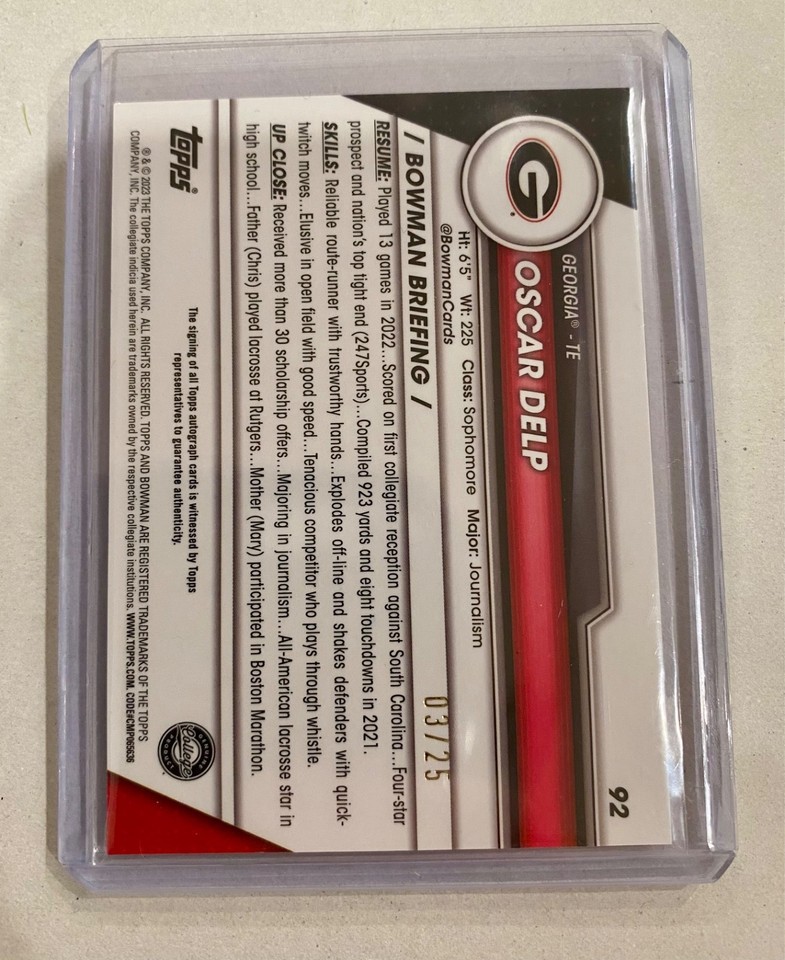 23 BOWMAN OSCAR DELP UGA GEORGIA BULLDOGS RC ROOKIE AUTOGRAPH ORANGE 3/ ...