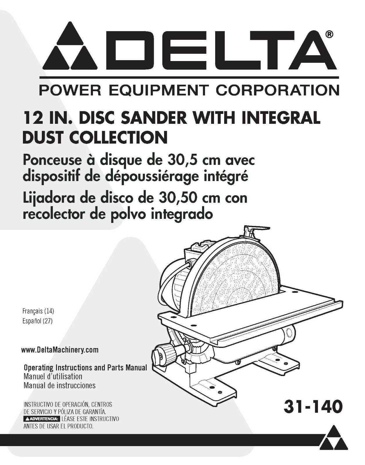 Delta 12" Disc Sander 31-140 Instruction Manual SPIRAL BOUND User Guide ...