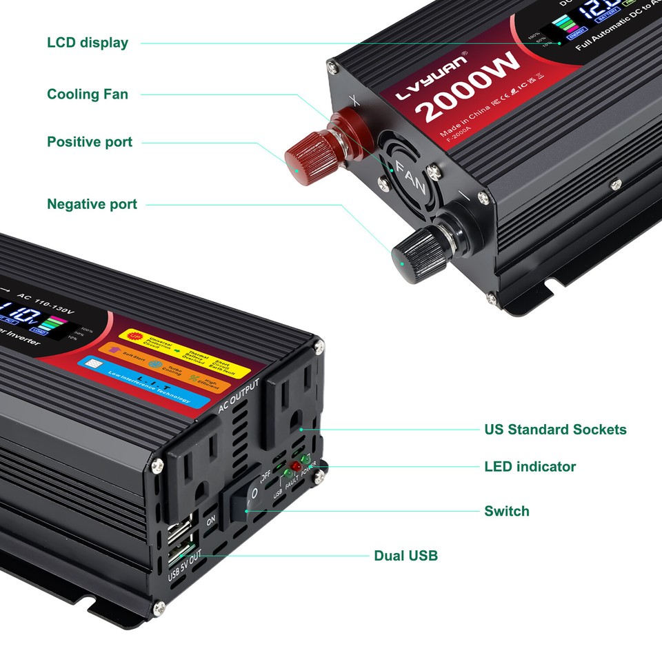 1000W 2000W Car Power Inverter 12V to 110V 120V With LCD Display 2USB ...