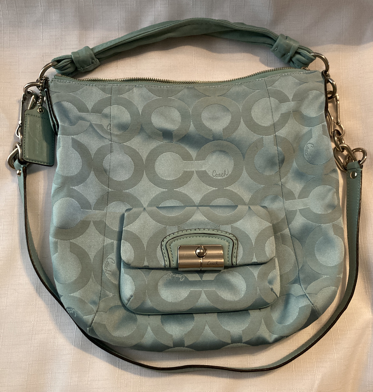 COACH Signature Logo Teal Satin & Leather Handbag Shoulder Purse No ...