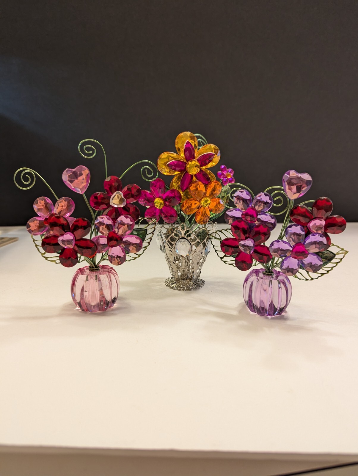 Set Of 3 Crystal Expressions Acrylic Posy Pots & Filigree Basket Floral ...