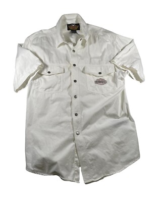 Harley Davidson Motorcycles Mens Snap Button Shirt L White Logo Pocket ...
