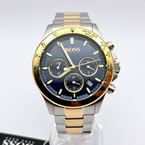 NEW BOSS HERO HB1513767 YELLOW GOLD & SILVER BLUE DIAL MEN'S WATCH GIFT ...