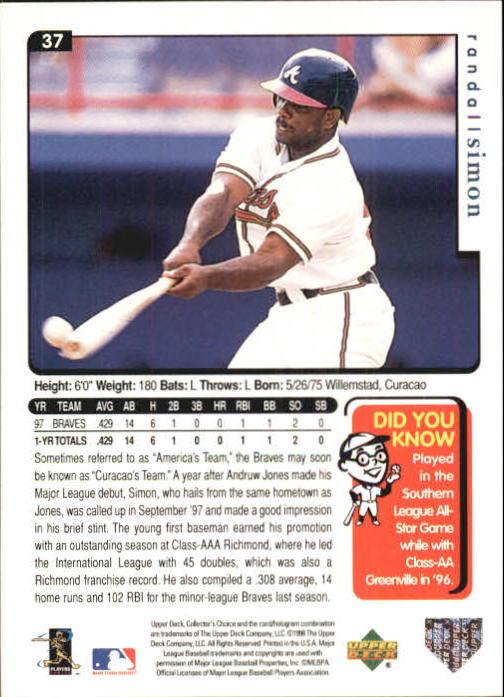 1998 Collector's Choice Atlanta Braves Baseball Card #37 Randall Simon ...