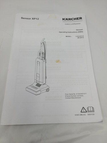 Karcher Sensor XP12 Commercial Vacuum Manual Model 1.012-611.0 SR XP12 ...