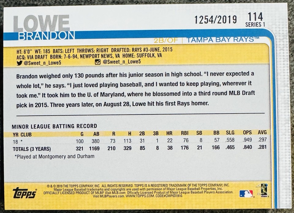 Brandon Lowe RC 2019 Topps #114 GOLD /2019 TB Tampa Bay Rays Rookie ...