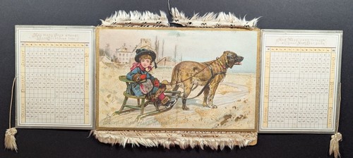 Antique 1885 Seasons Greetings Girl Sled Dog Fold Out Calendar (Some ...