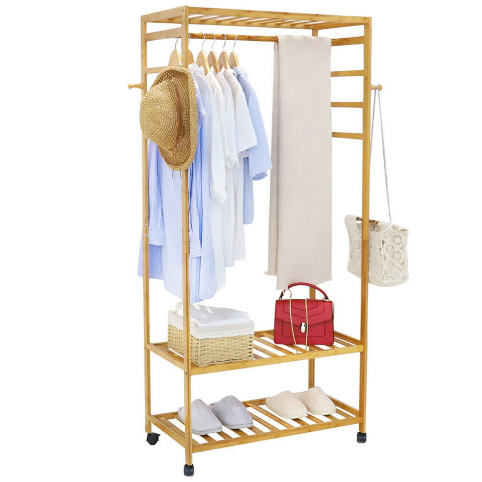 Bamboo Garment Closet Rack Clothes Storage Organizer Hanging Rail Shelf ...