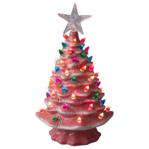 Nostalgic Pink Lighted Ceramic Christmas Tree 15 Inches Multi Colored ...