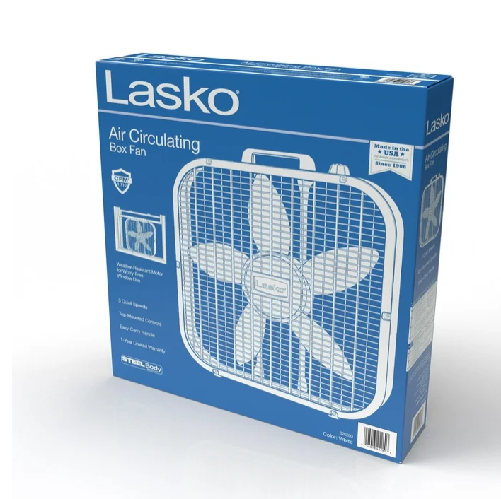 Lasko 20 Classic Box Fan with Weather-Resistant Motor, 3 Speeds, 22.5 H ...