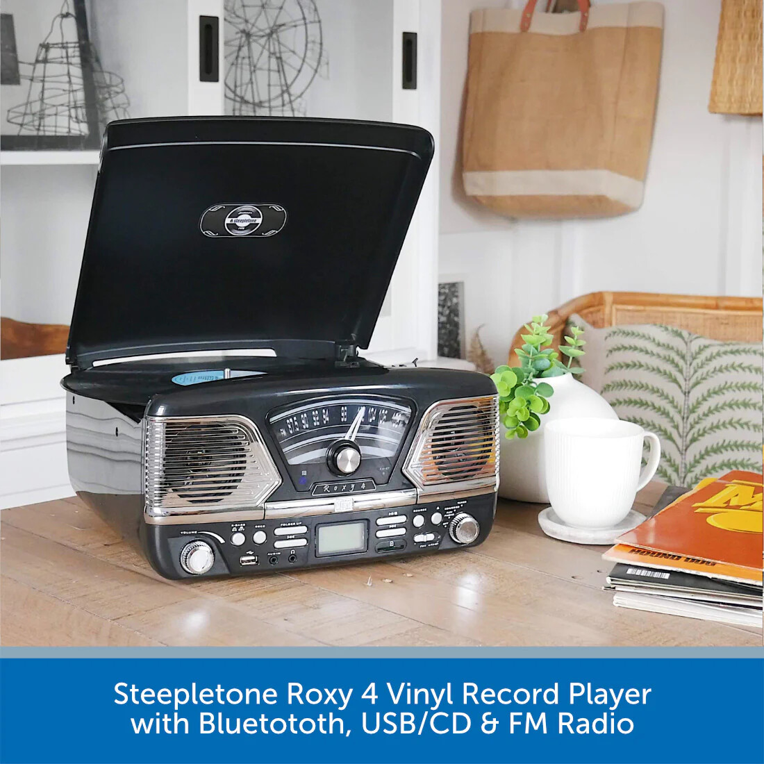 Steepletone Roxy 4BT Retro Style Vinyl Record Player Bluetooth CD Music ...