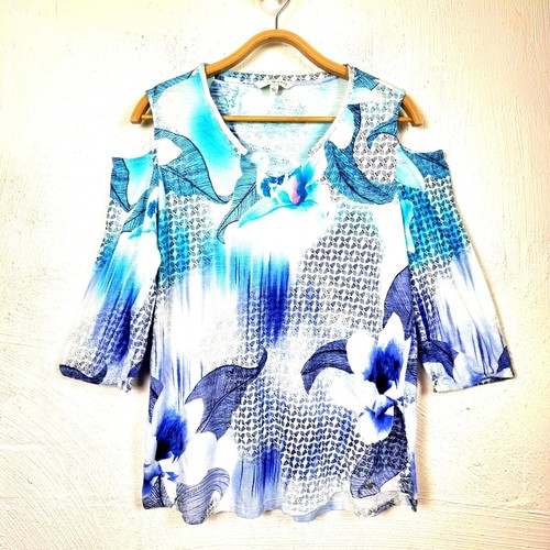 W LANE Womens Top SIze L Blue/White Floral Stretch Knit Cold Shoulder 3 ...