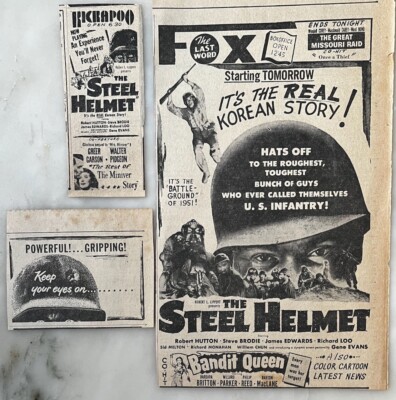 3 1951 newspaper ads for movie The Steel Helmet - The Real Korean War ...