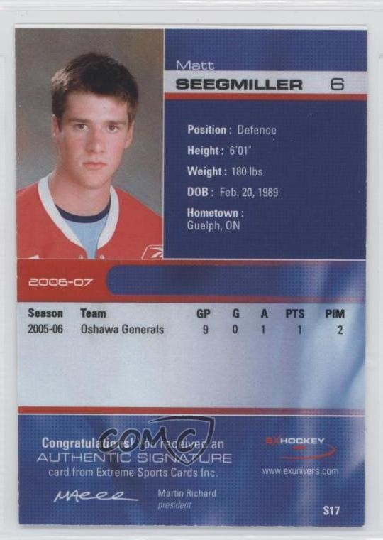2006-07 Extreme Oshawa Generals Signatures /225 Matt Seegmiller #S17 ...