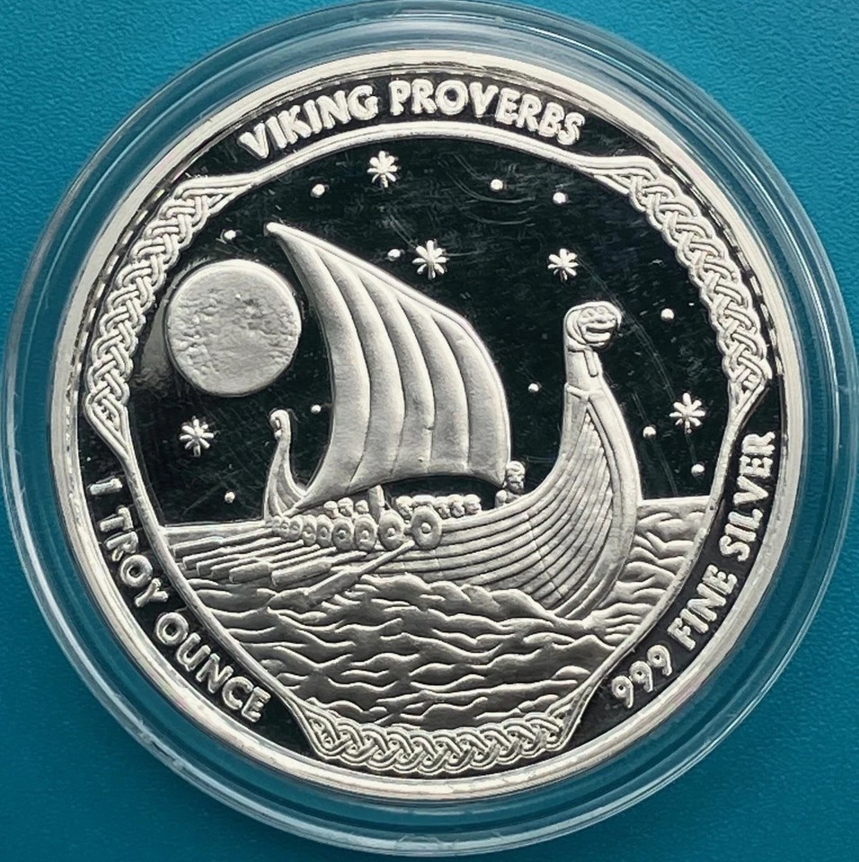 ERICSON MINT 1OZ 999 SILVER PROOF VIKING PROVERBS ROUND # 2:“A CLEAVED ...