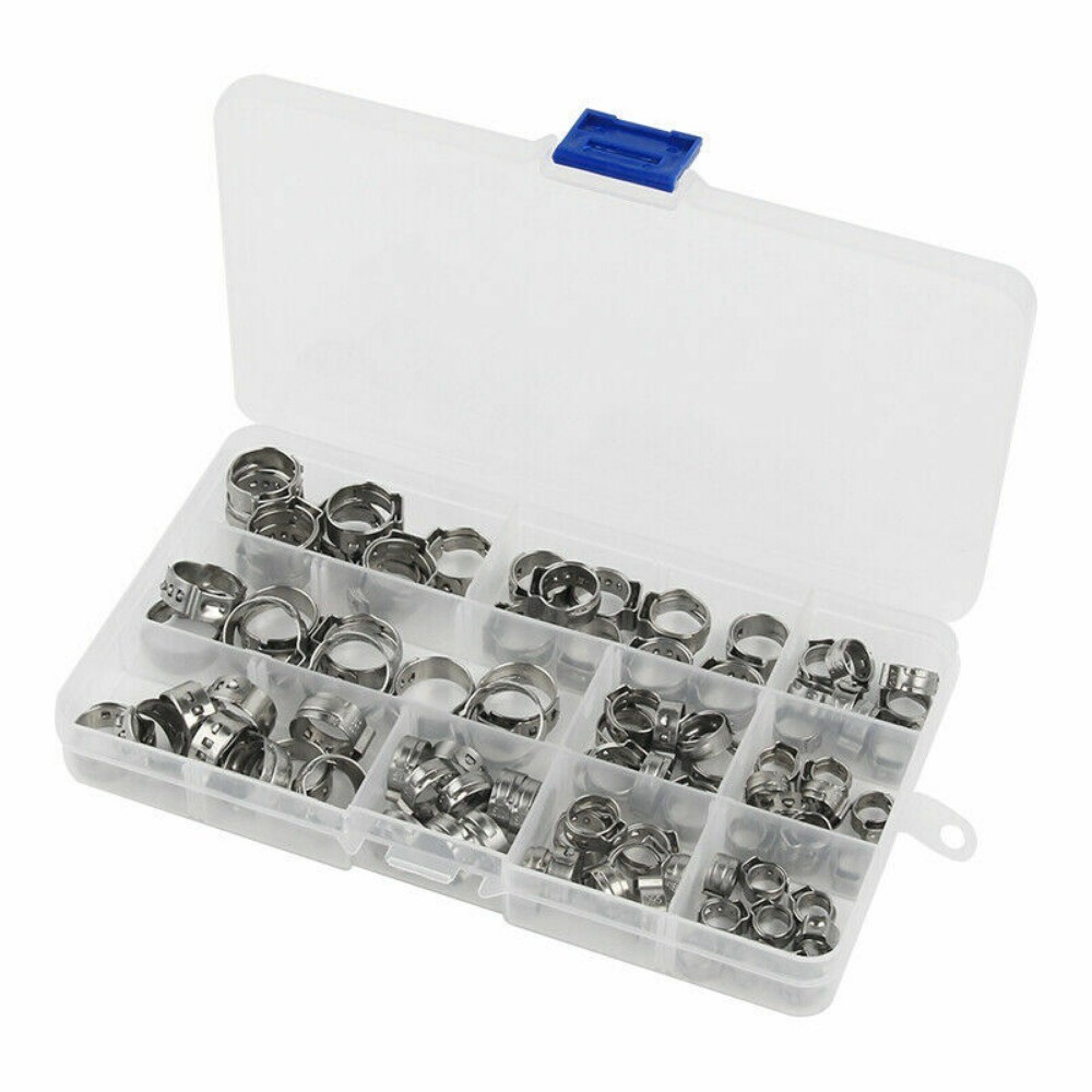 100PCS Assorted Hose Clamps Stainless Steel Ear Clip Set Ring Crimp ...