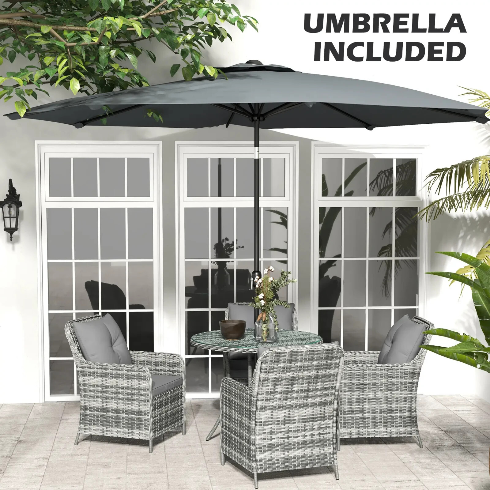 Outdoor Patio 4-Seater Rattan Dining Set with Parasol and Cushions