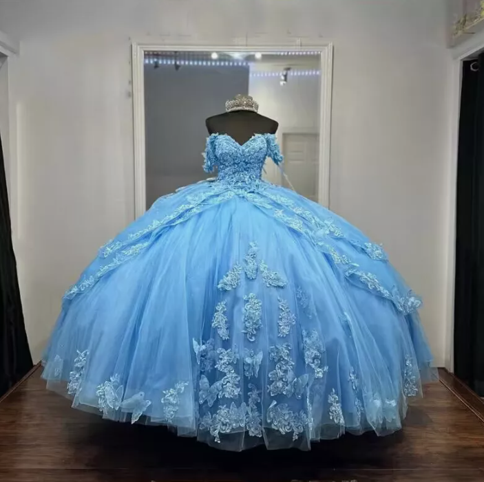 Sky Blue Quinceanera Dress Off Shoulder Sweetheart Princess Party Prom ...