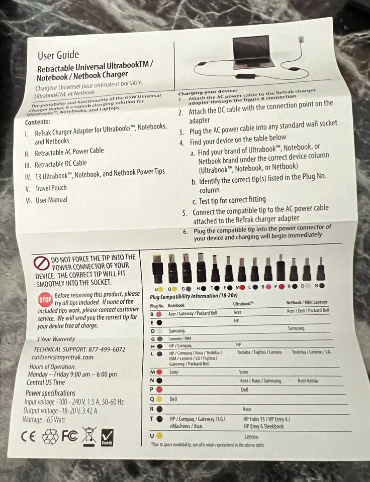 ReTrak Premier Series Retractable Universal 65W Laptop Charger with 13 ...