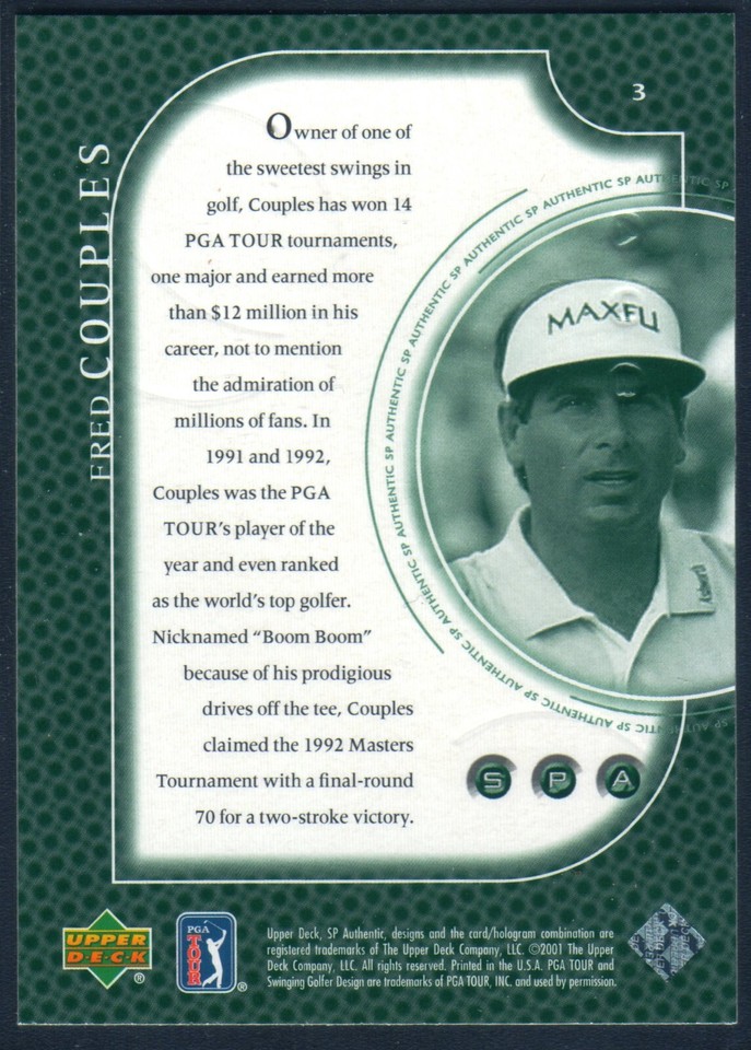 2001 Upper Deck SP Authentic Preview Fred Couples Card #3 - From Promo ...