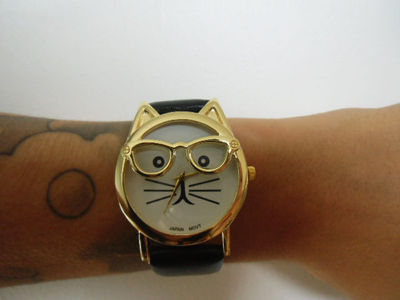 Fancy Watch Cat Head Kitty Hipster Bracelet Black Faux Leather Original ...