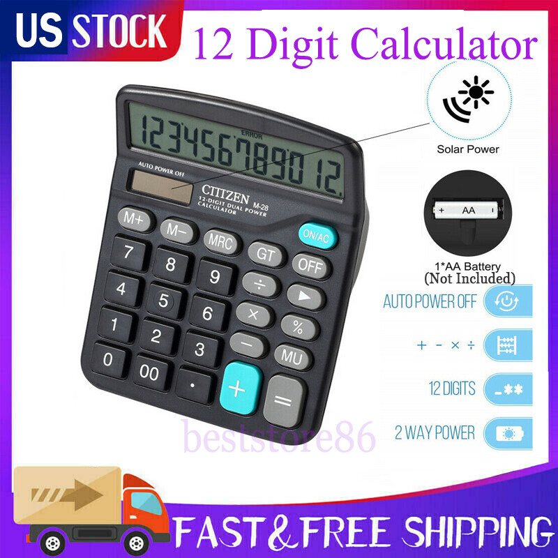 12-Digit Desktop Calculator Solar Battery Big Button Dual Power Large ...
