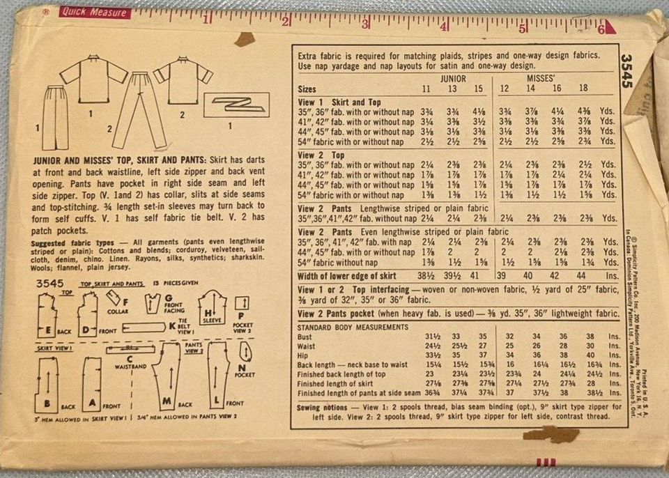 Capri Pants Top Mary Tyler Moore Pattern Simplicity 3545 Size 14 1960's ...