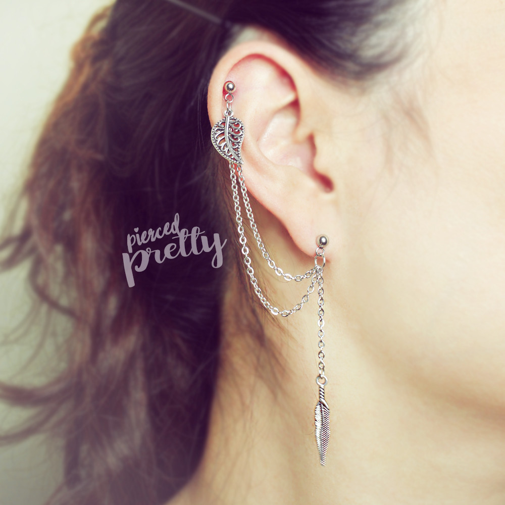 Leaf & Feather helix to lobe chain earring, helix earring, handmade ...