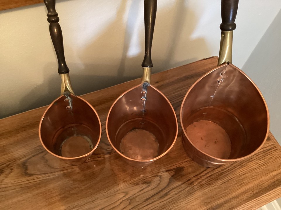 Antique Copper Ladle set (3) with Long Wooden Handle, Primitive Rustic ...