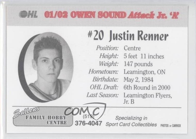 2001-02 Owen Sound Attack Team Issue Justin Renner #20 | eBay