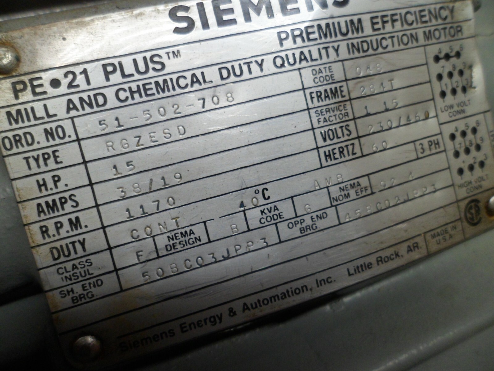 SIEMENS RGZESD PE21 PLUS AC MOTOR 15 HP. 230/460V 3 PH. 1170 RPM 284T ...