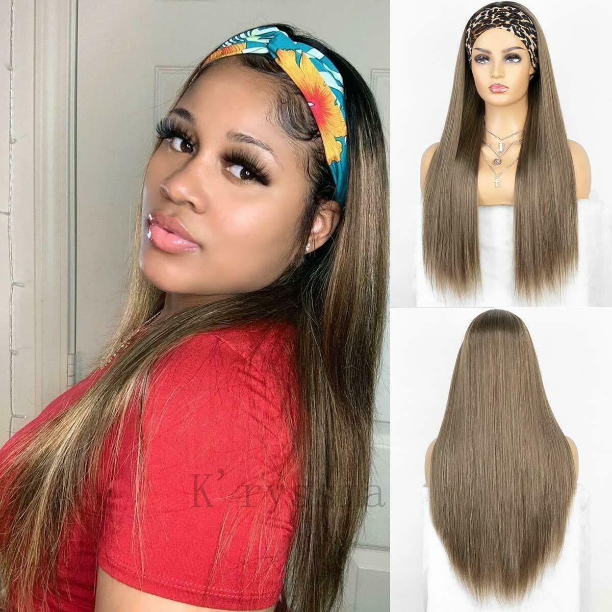 Long Honey Blonde Ash Brown Silky Straight Synthetic Hair Headband Wigs ...