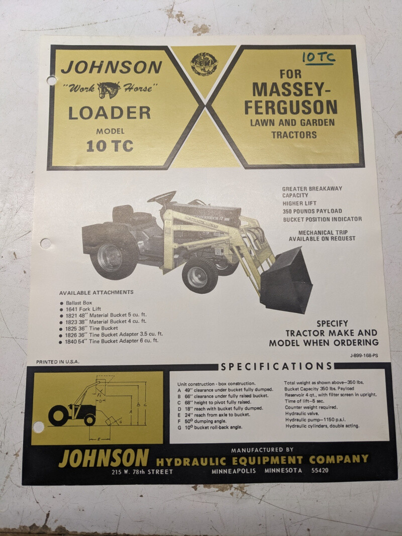 JOHNSON WORK HORSE LOADER MODEL 10TC SPECS ATTACHMENTS BROCHURE MASSEY ...