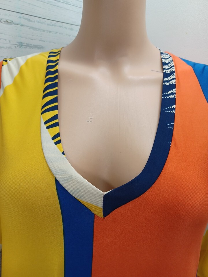 Emma Rose Multicolor Striped Slip Lagenlook Dress Stretch Bell Sleeve ...