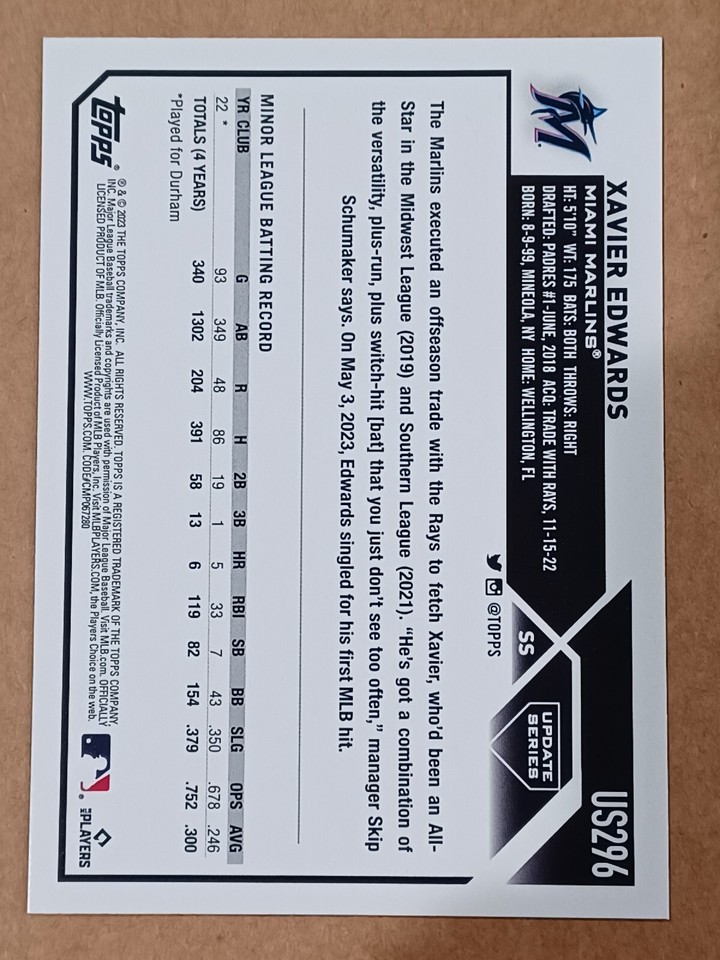 2023 Topps Update #US296 Xavier Edwards Rookie Miami Marlins Baseball ...