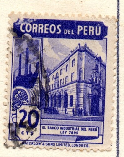 Peruvian Buildings: The Industrial Bank, Violet, 20 cents, Perú 1947 ...