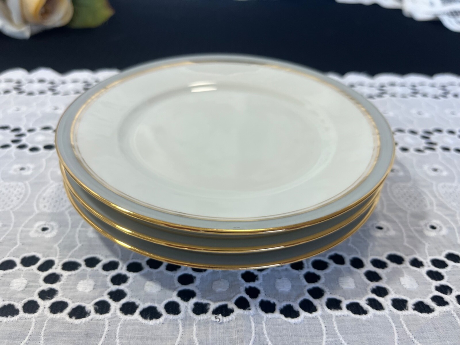 Set of 7 Limoge "Filet Faits Main" Grey Trim Plates - 4 Salad & 3 Bread ...