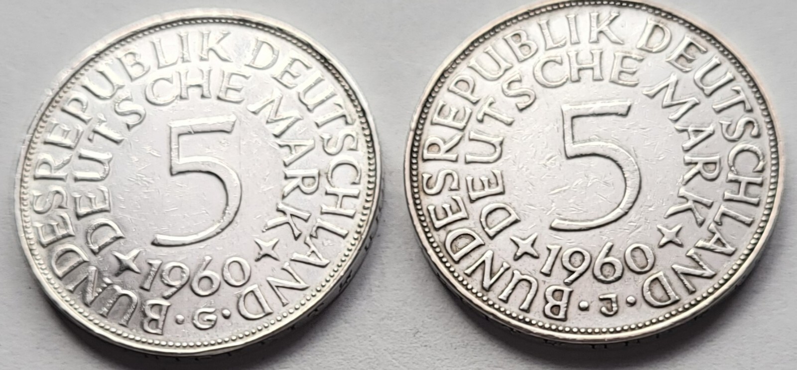 1960 G AND J MINTS GERMAN 0.625 SILVER 5 MARK DEUTSCHLAND COINS-2 COINS ...