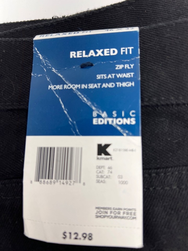 Kmart Basic Editions 46x32 Relaxed Fit Black Jeans 100% Cotton Denim ...