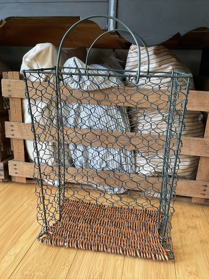 Vintage Chicken Wire Handbag Basket W/ Handles Woven Rattan Bottom ...